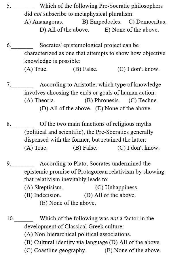 Solved 5. Which of the following Pre-Socratic philosophers | Chegg.com