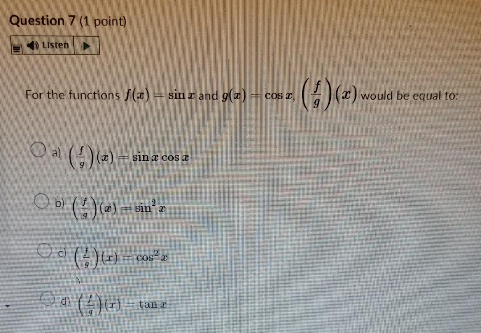 Solved For the functions f(x)=sinx and g(x)=cosx,(gf)(x) | Chegg.com