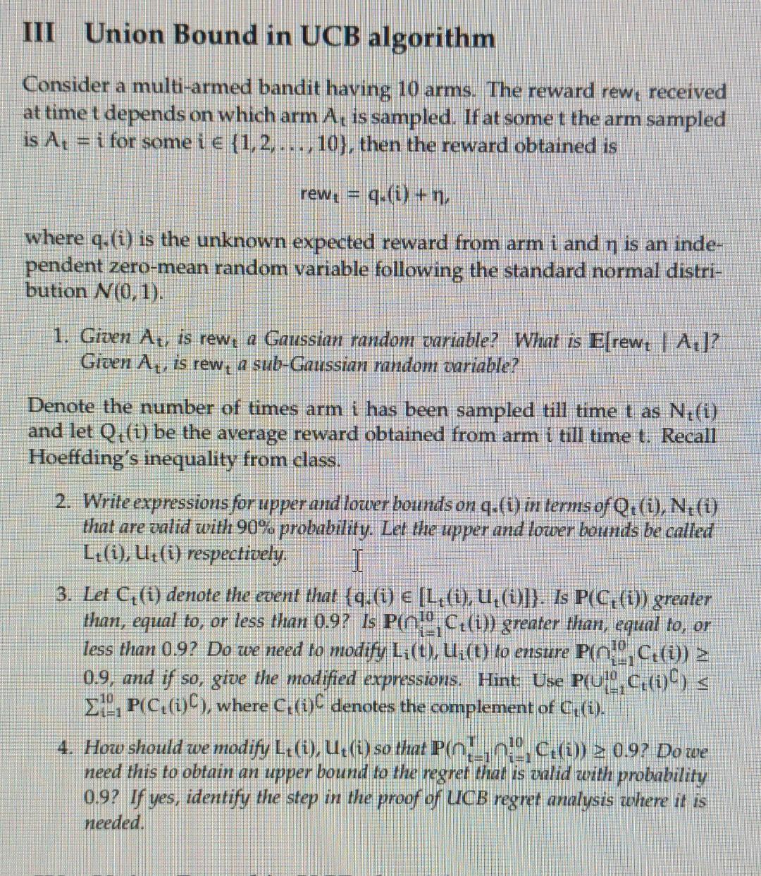 Solved III Union Bound in UCB algorithm Consider a | Chegg.com