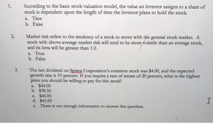 Solved 1. According to the basic stock valuation model, the | Chegg.com