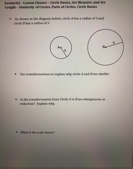 Solved Geometry - Lesson Closure - Circle Basics, Arc | Chegg.com