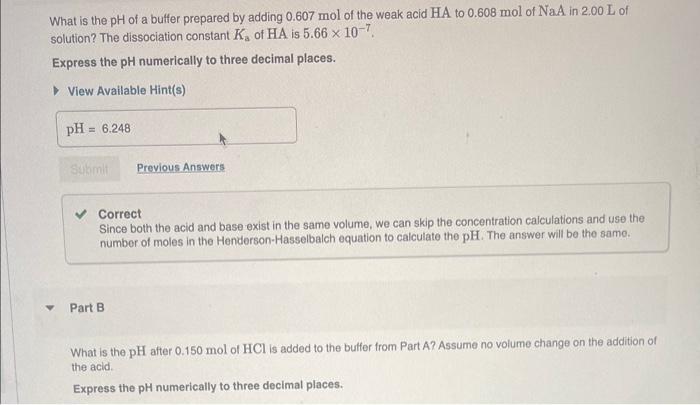 Solved What is the pH of a butfer prepared by adding 0.607 | Chegg.com