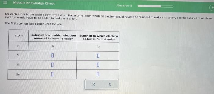 Solved For each atom in the table below, write down the | Chegg.com