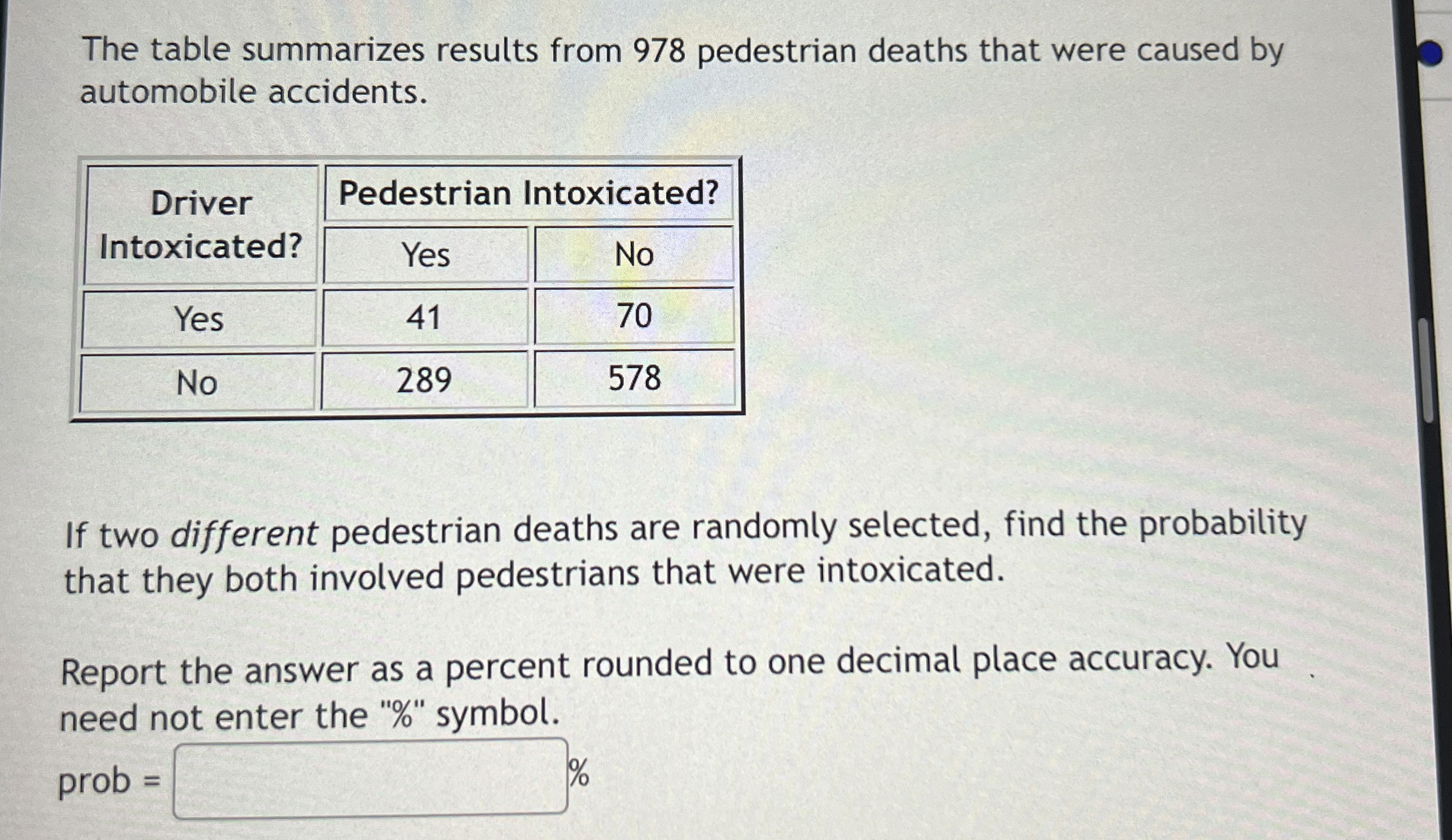 Solved The table summarizes results from 978 ﻿pedestrian | Chegg.com