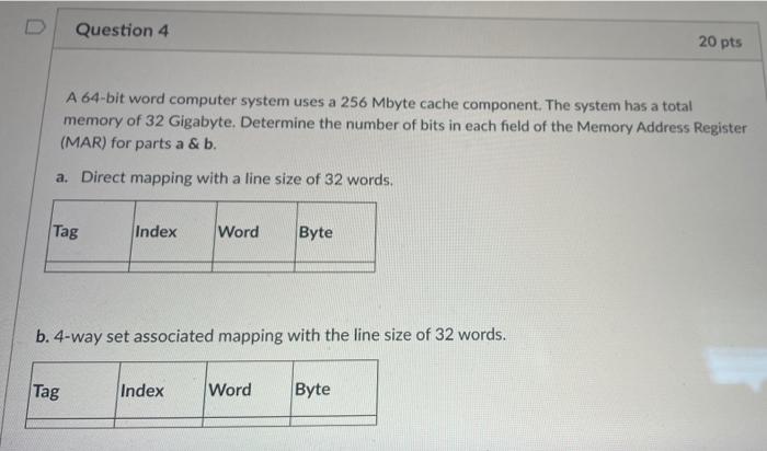 Solved Question 4 20 pts A 64-bit word computer system uses | Chegg.com
