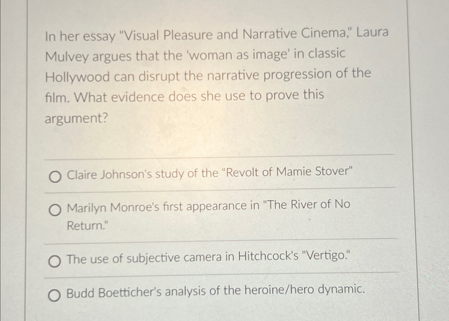Solved In her essay "Visual Pleasure and Narrative Cinema," | Chegg.com