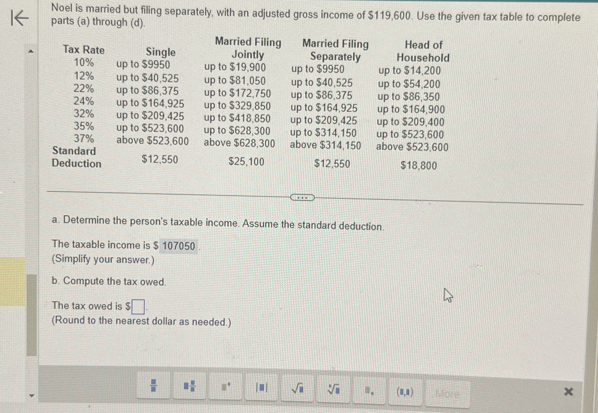 Solved Noel is married but filing separately, with an | Chegg.com