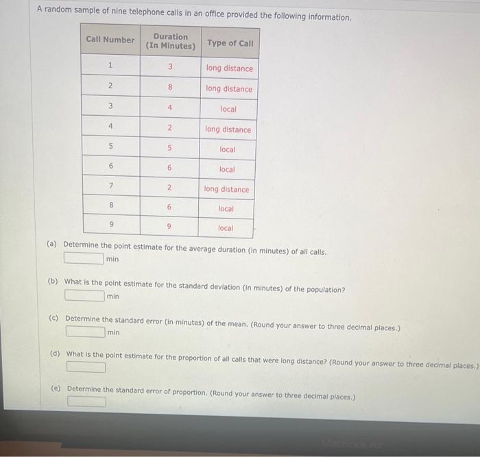 Solved A random sample of nine telephone calls in an office | Chegg.com