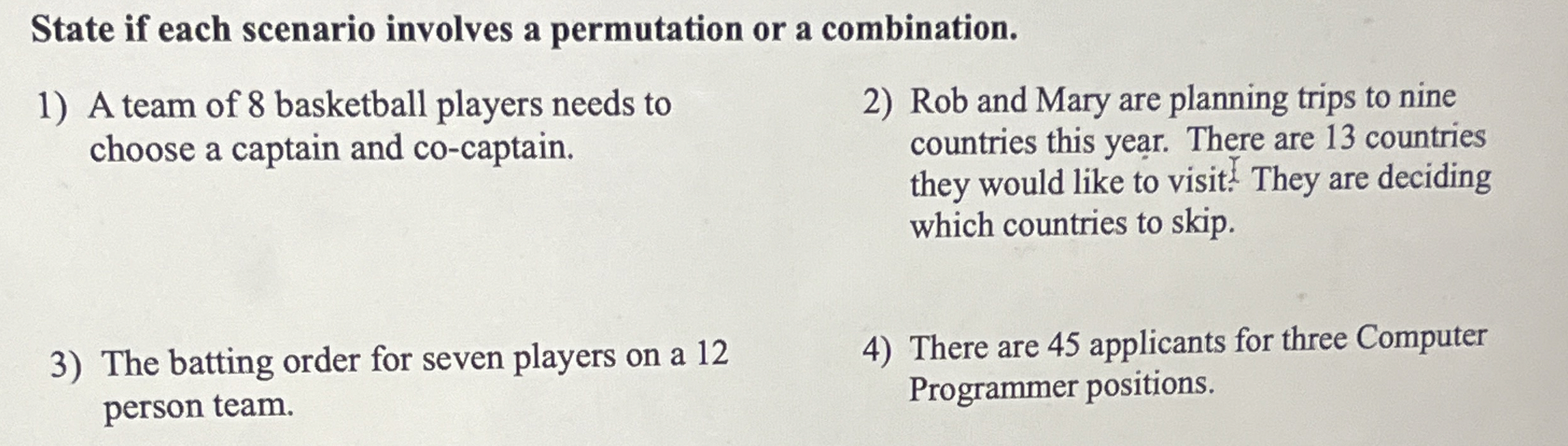 Solved State if each scenario involves a permutation or a | Chegg.com
