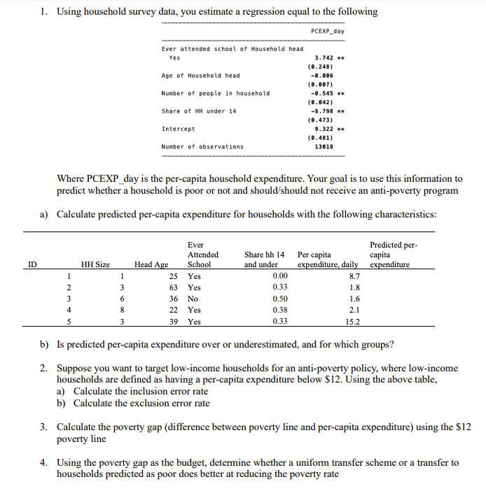 Solved Using household survey data, you estimate a | Chegg.com