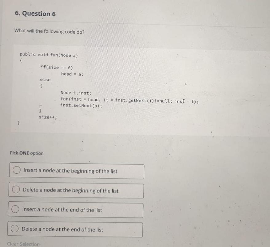 Solved Question 6What will the following code do?public void | Chegg.com