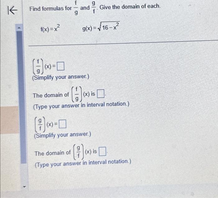 Solved Find formulas for gf and fg. Give the domain of each. | Chegg.com