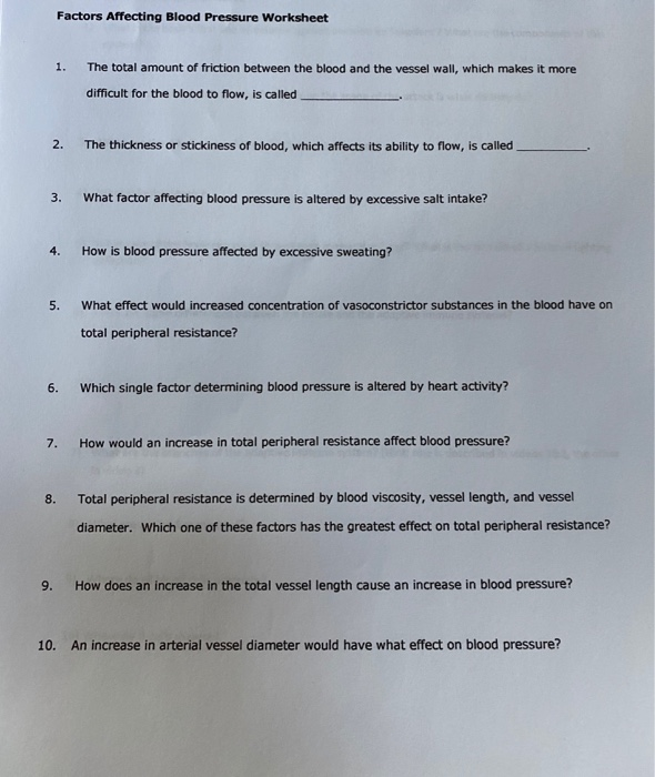 Solved Factors Affecting Blood Pressure Worksheet 1. The | Chegg.com