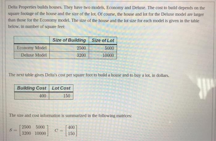 Solved Delta Properties builds houses. They have two models, | Chegg.com