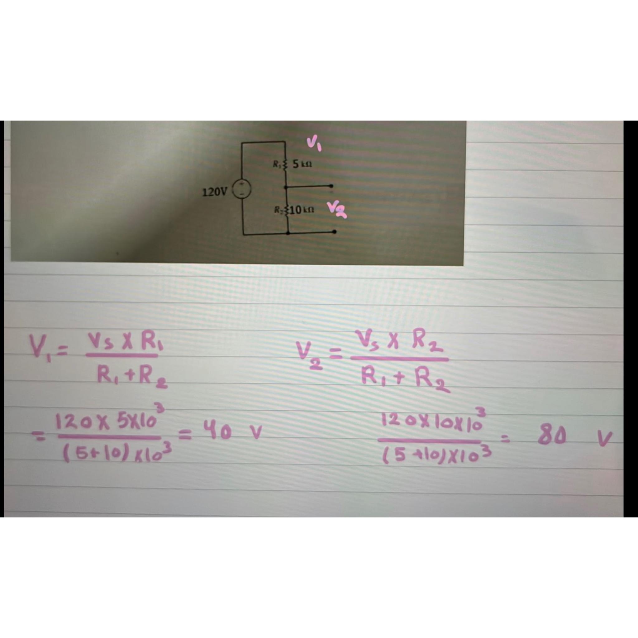 Solved V1=Vs×R1R1+R2,V2=V5×R2R1+R2=120×5×103(5+10)×103=40V,1 | Chegg.com