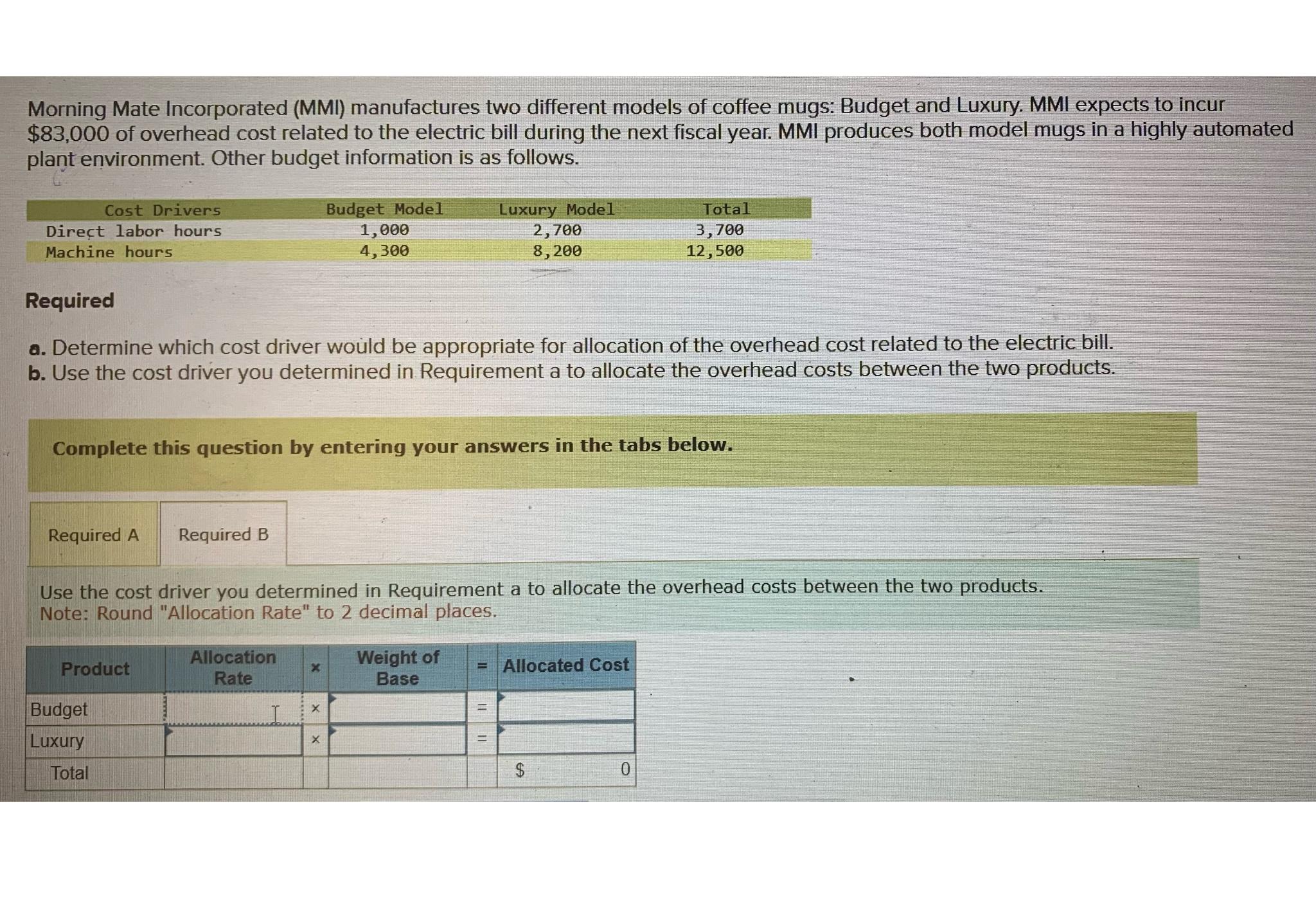Solved Morning Mate Incorporated (MMI) ﻿manufactures two | Chegg.com