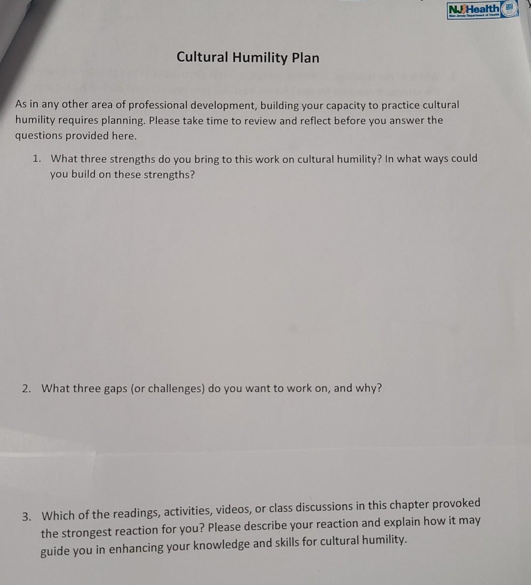 NJ Health Dear of faith Cultural Humility Plan As in | Chegg.com