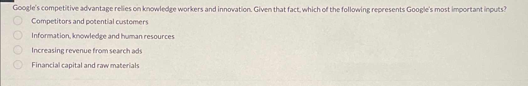 Solved Google's competitive advantage relies on knowledge | Chegg.com