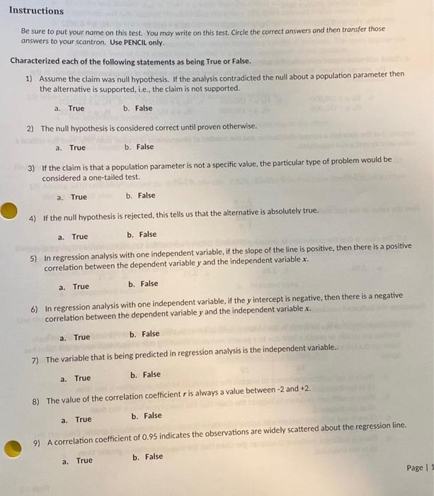 Solved Instructions Be sure to put your name on this test. | Chegg.com