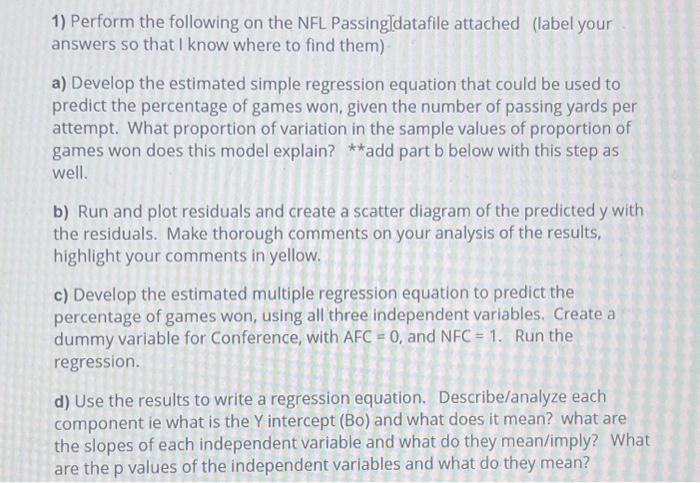 Solved 1) Perform the following on the NFL Passing]datafile | Chegg.com