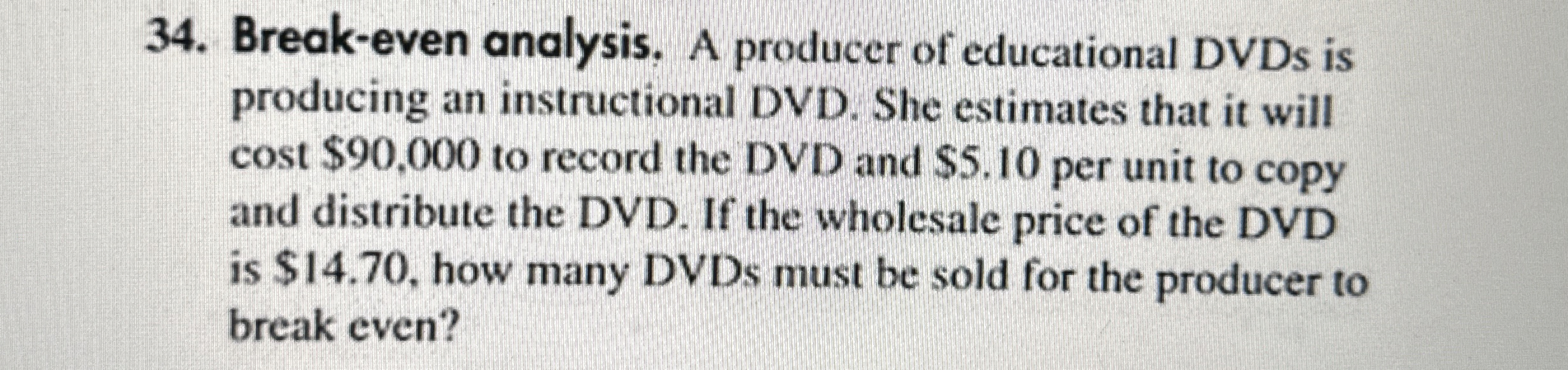 Solved Break-even analysis. A producer of educational DVDs | Chegg.com
