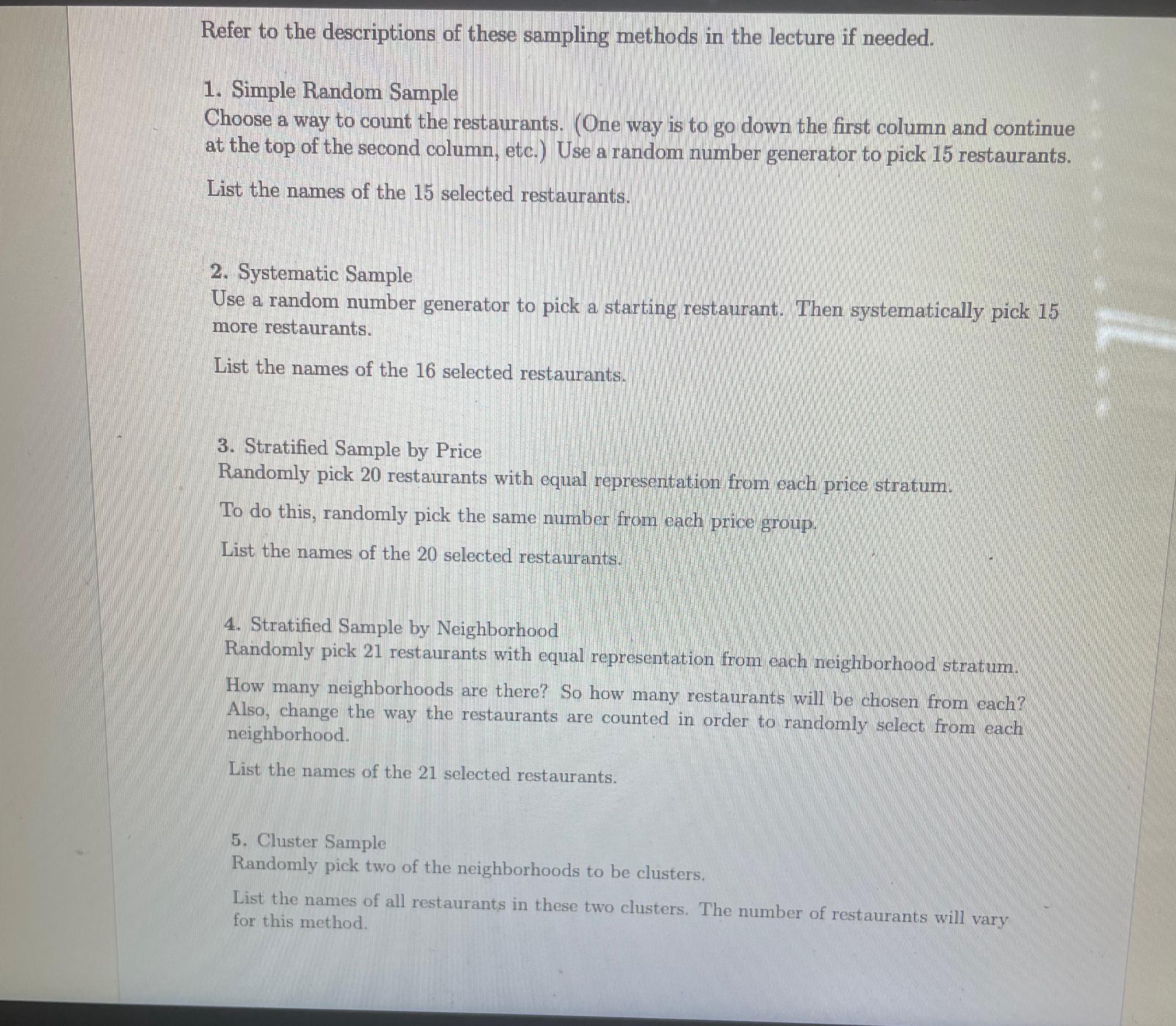 Solved Refer to the descriptions of these sampling methods | Chegg.com