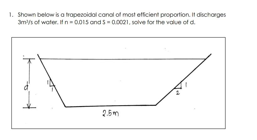 Solved 1. Shown below is a trapezoidal canal of most | Chegg.com