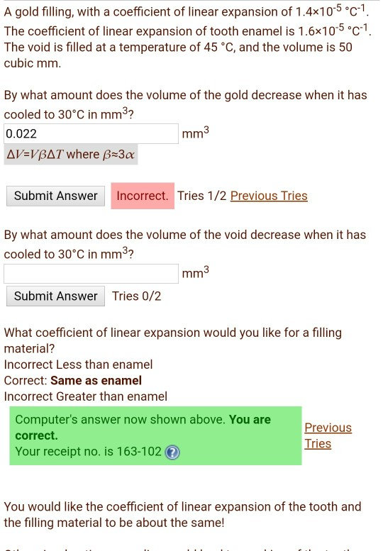 Solved A gold filling, with a coefficient of linear | Chegg.com