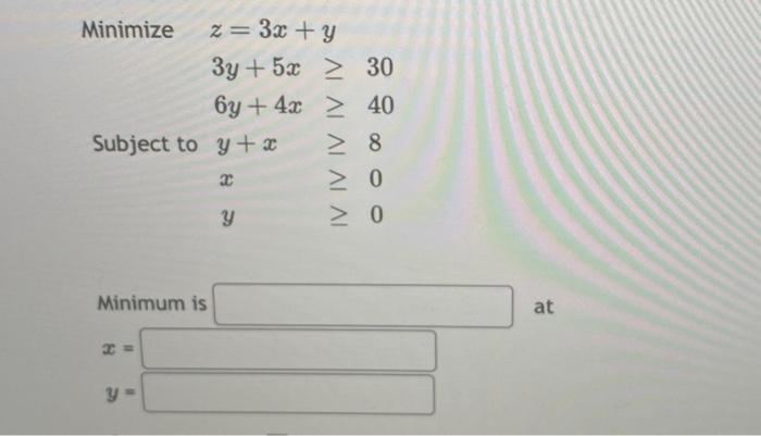 Solved Minimize z=3x+y3y+5x≥306y+4x≥40 Subject to | Chegg.com