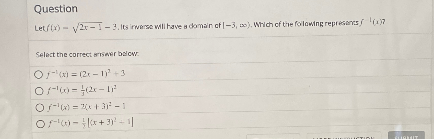 Solved QuestionLet f(x)=2x-12-3. ﻿Its inverse will have a | Chegg.com