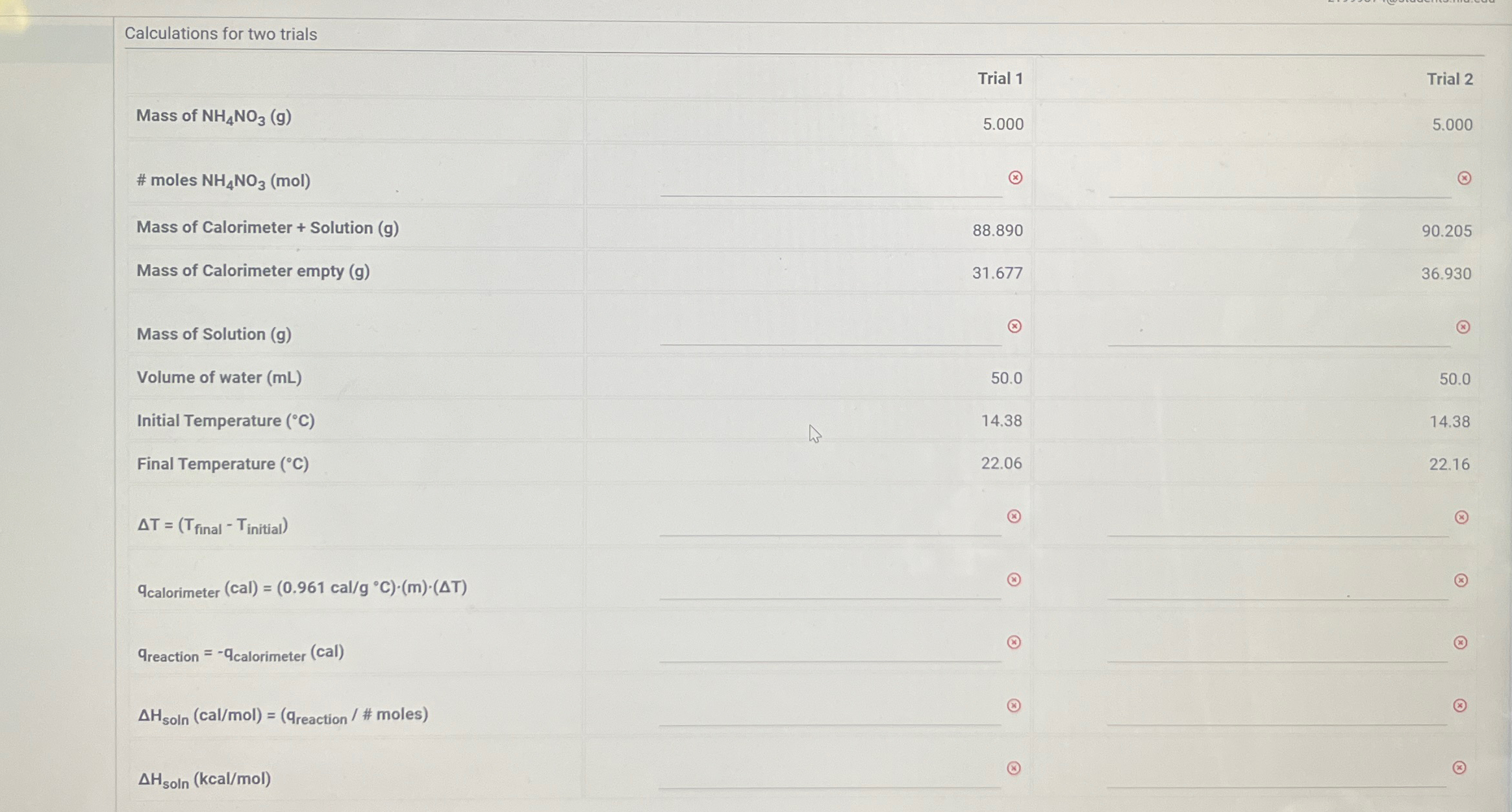 Solved Calculations for two trials\table[[,Trial 1,Trial | Chegg.com