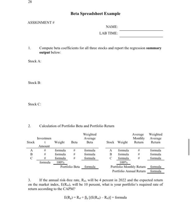 Solved Beta Spreadsheet Example ASSIGNMENT # NAME: LAB TIME: | Chegg.com