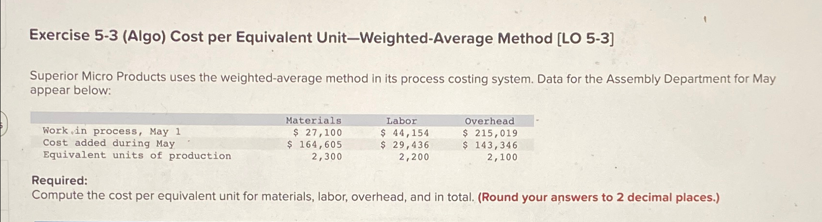 Solved Exercise 5-3 (Algo) ﻿Cost per Equivalent | Chegg.com