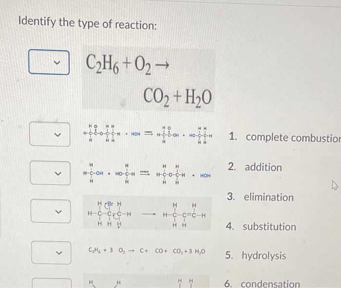 Solved Identify the type of reaction: C2H6+O2CO2+H2O→ | Chegg.com