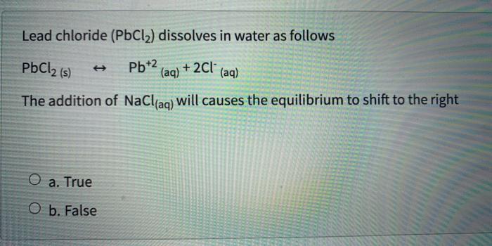 Solved Lead chloride (PbCl2) dissolves in water as follows | Chegg.com