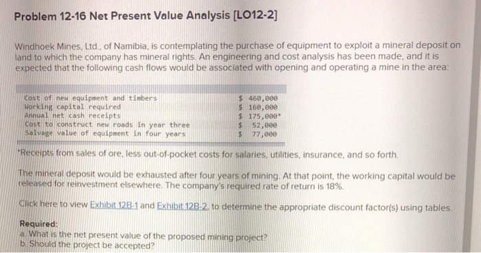Solved Problem 12-16 Net Present Value Analysis (LO12-2] | Chegg.com