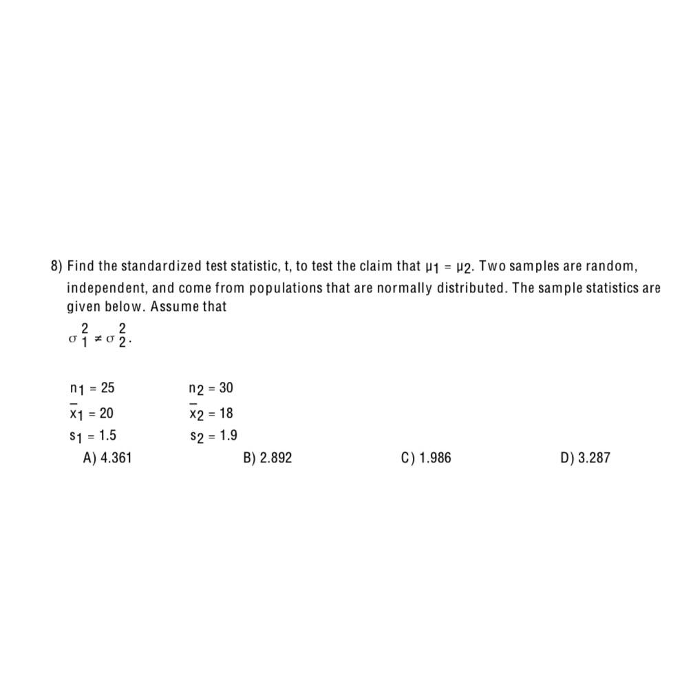 Solved Find The Standardized Test Statistic T ﻿to Test The