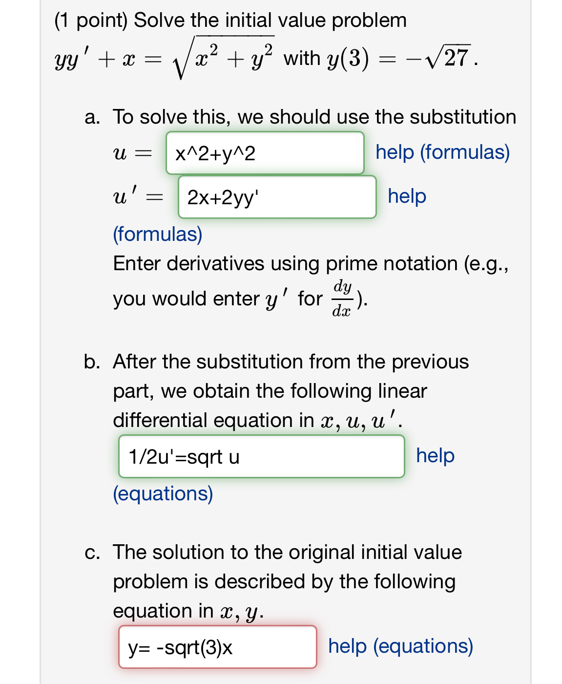 Solved (1 ﻿point) ﻿Solve the initial value problem | Chegg.com