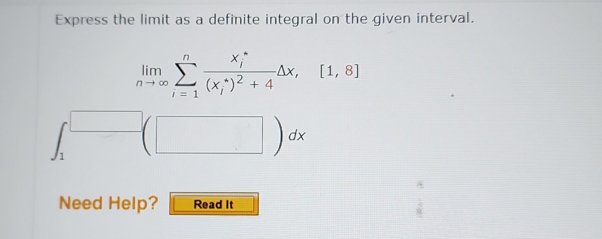 Solved Express the limit as a definite integral on the given | Chegg.com