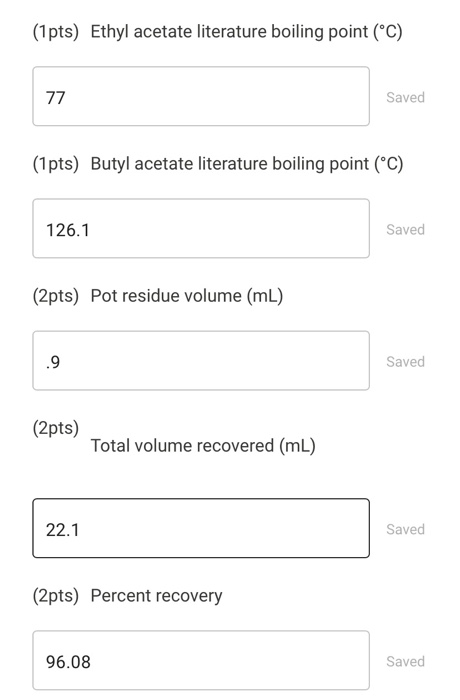 (1pts) Ethyl acetate literature boiling point (°C) | Chegg.com