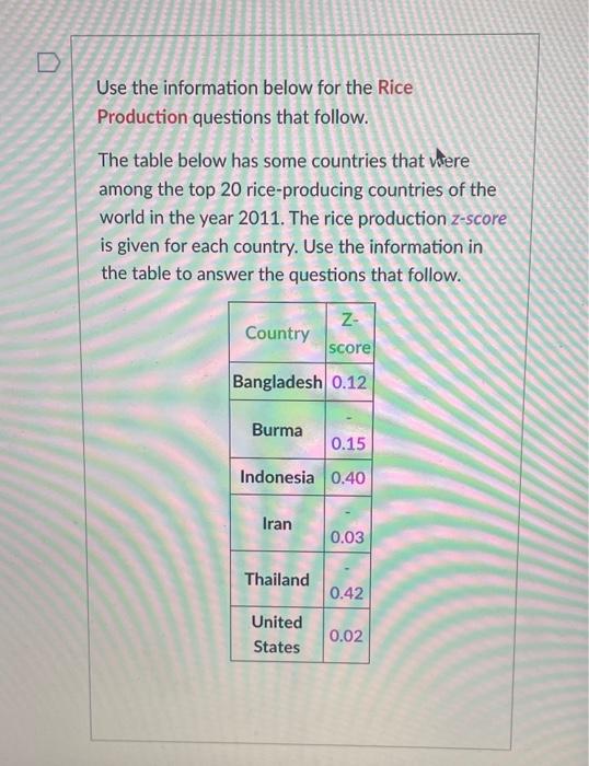 Solved Use the information below for the Rice Production | Chegg.com