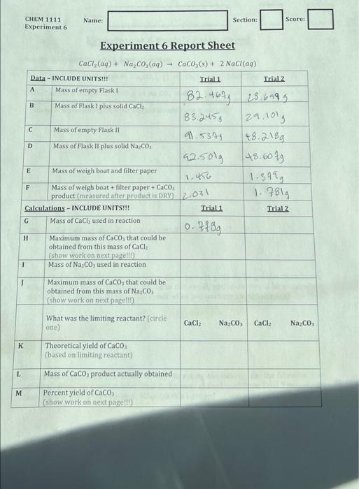 Solved L K I J M CHEM 1111 Experiment 6 C B D G H Data | Chegg.com