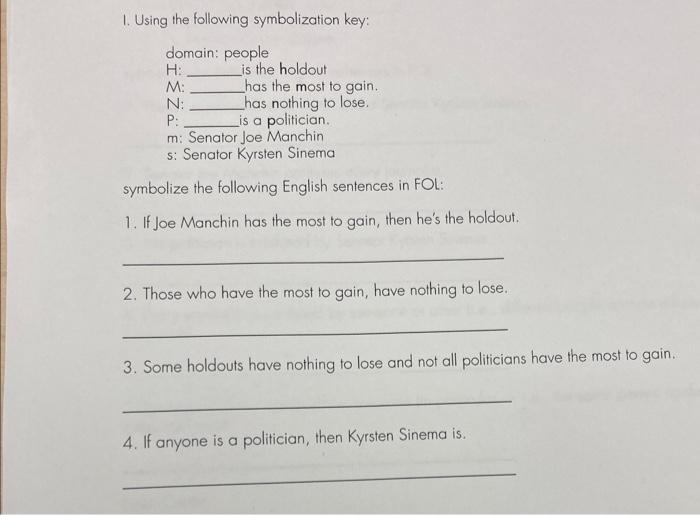 Solved 1. Using the following symbolization key: domain: | Chegg.com