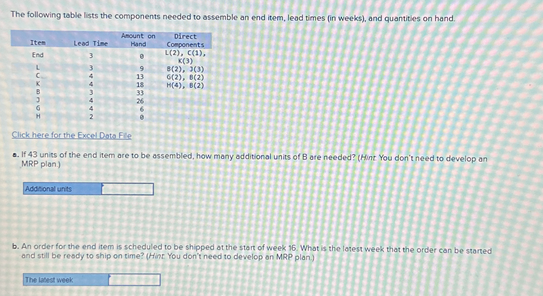Solved The following table lists the components needed to | Chegg.com