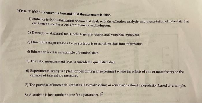 Solved Write ' T if the statement is true and ' F ' if the | Chegg.com
