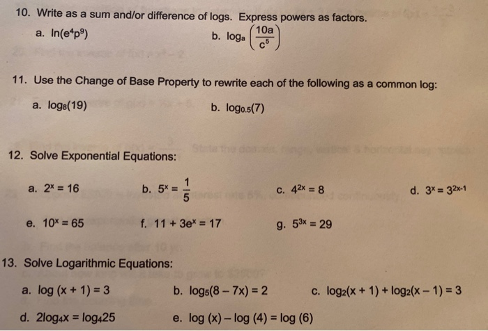 Solved 10. Write as a sum and/or difference of logs. Express | Chegg.com