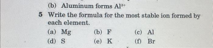 Solved 5 Write the formula for the most stable ion formed by | Chegg.com