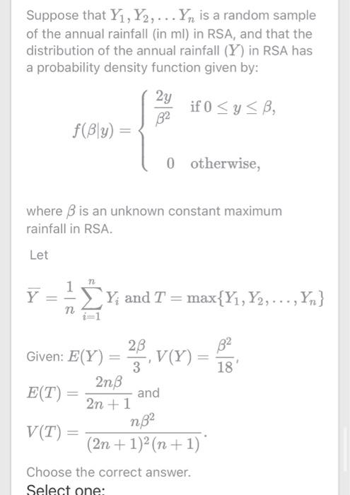 Solved Suppose that Y1,Y2,…Yn is a random sample of the | Chegg.com