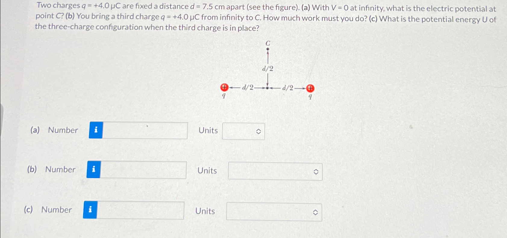 Solved Two charges q=+4.0μC ﻿are fixed a distance d=7.5cm | Chegg.com