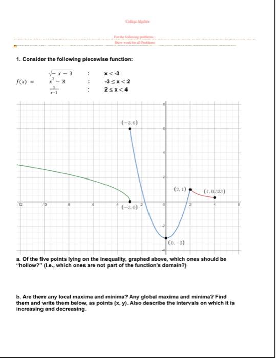 Solved 1. Consider the following piecewise function: | Chegg.com